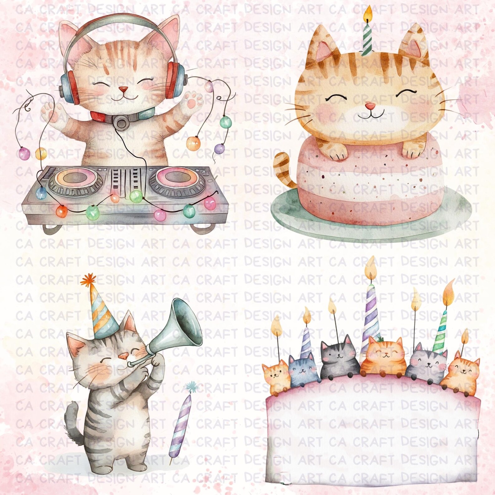 Cute Cat Clipart, Cat Party Watercolor Clipart, Party Animals, Cat ...