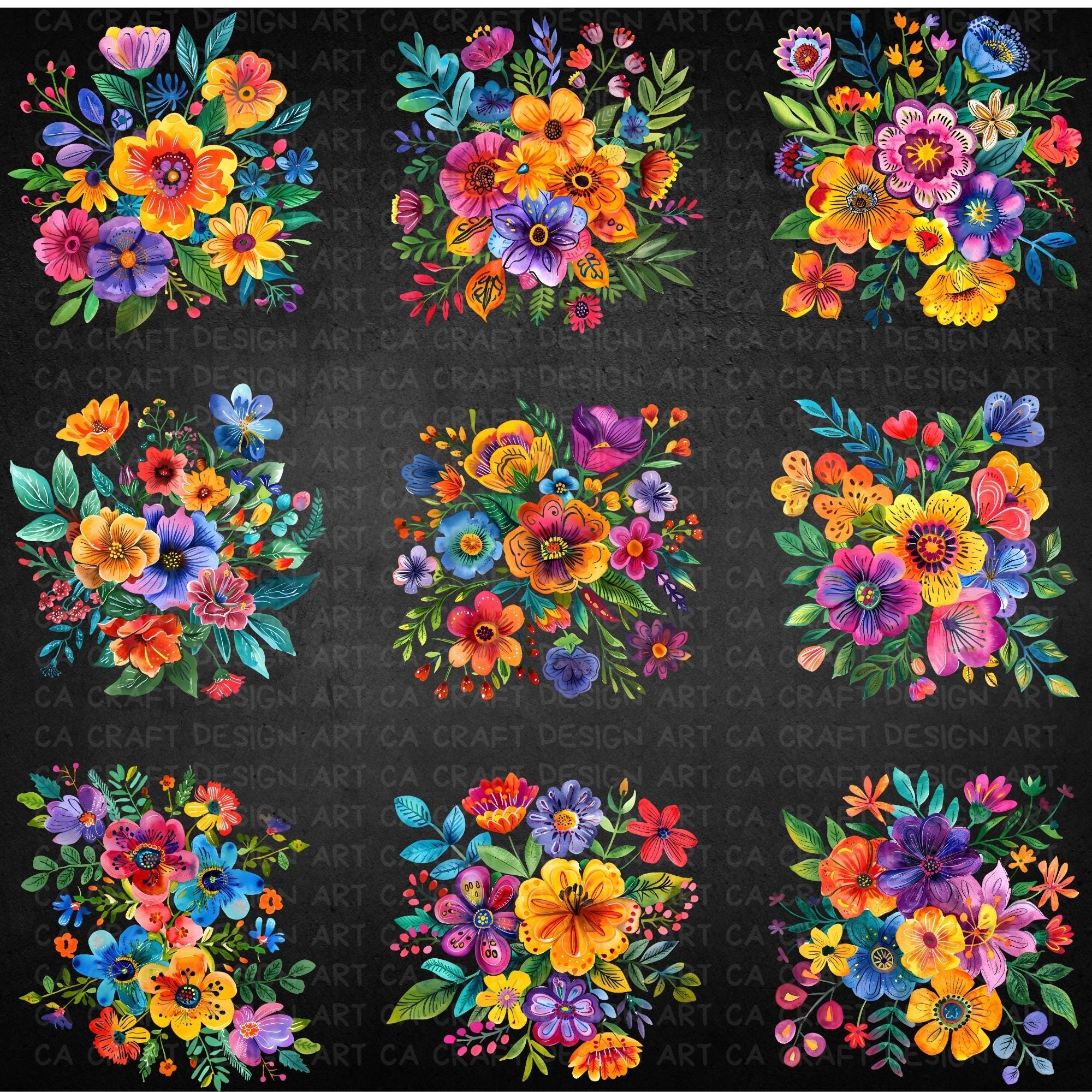 Mexican Flowers Fiesta Party Clipart Bundle, Watercolor Vibrant Floral ...