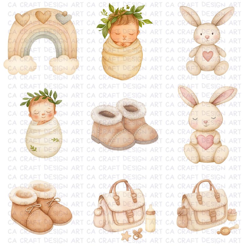 Watercolor Neutral Baby Shower Clipart Bundle, Boho Beige Gender ...