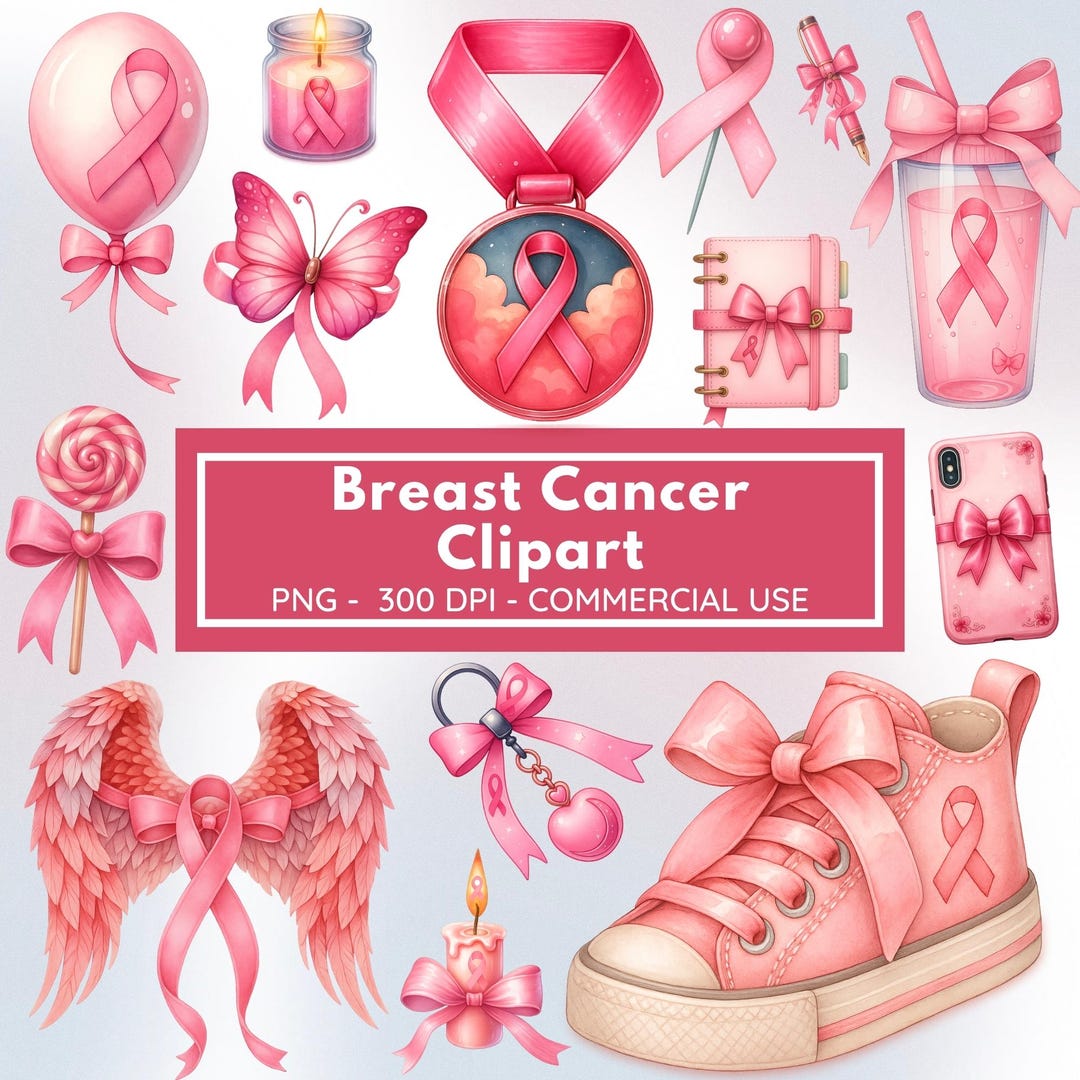 Breast Cancer Awareness Clipart Bundle PNG, Pink Ribbon Illustrations ...