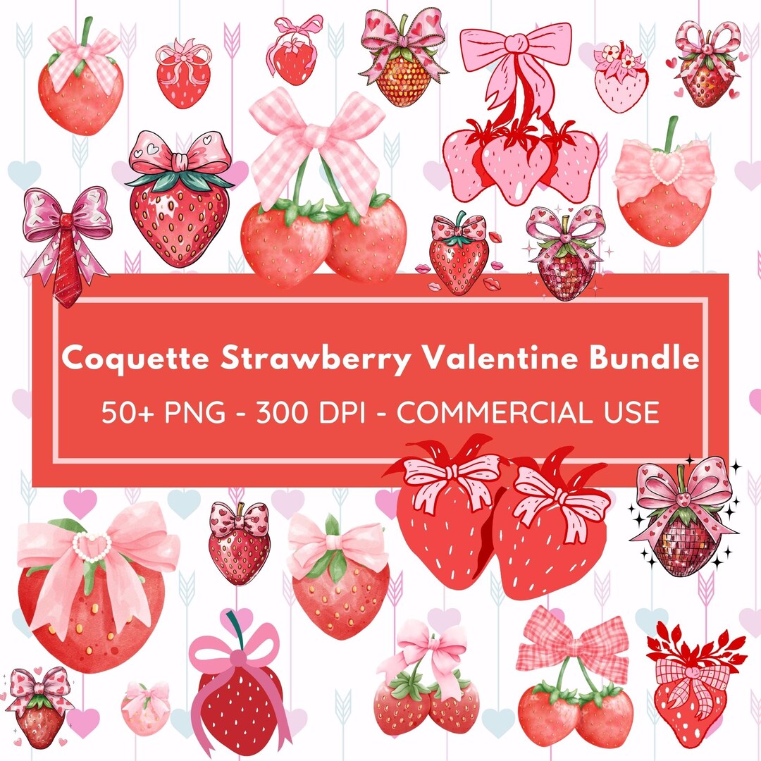 Coquette Strawberry Valentine Clipart, Strawberry Valentine Seamless ...