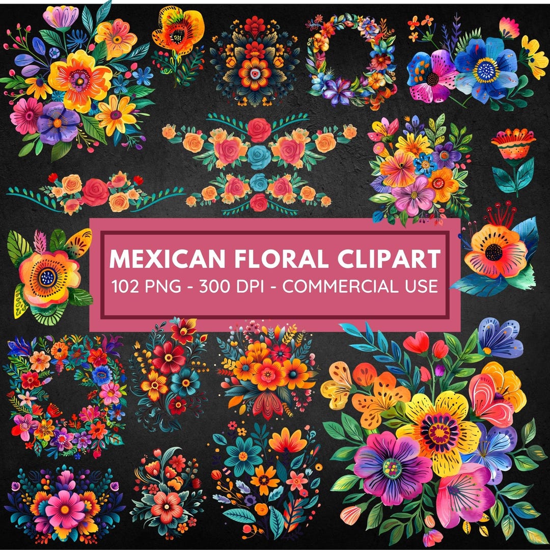 Mexican Flowers Fiesta Party Clipart Bundle, Watercolor Vibrant Floral ...