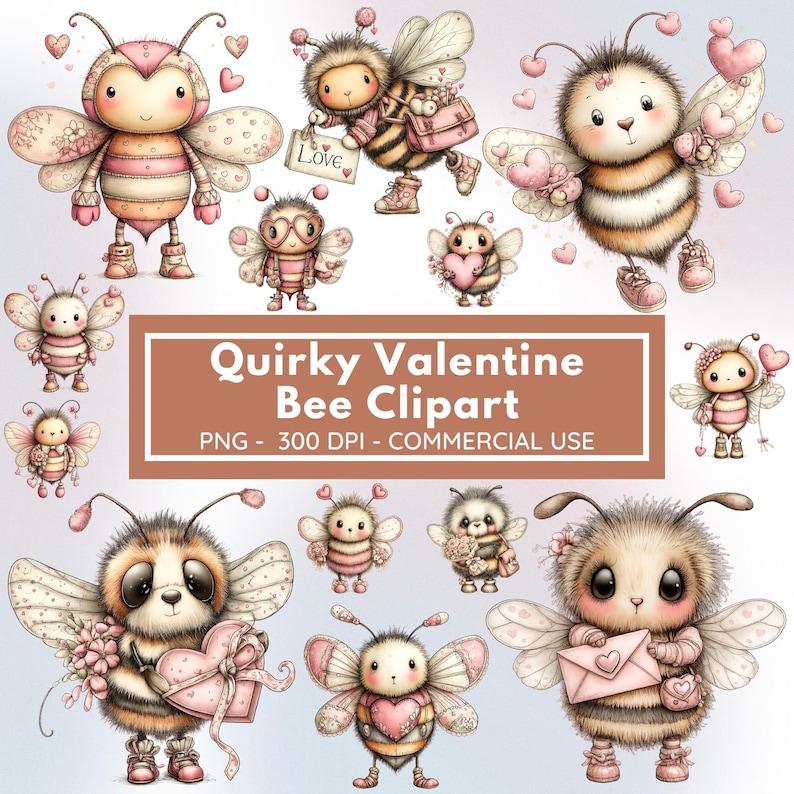 Quirky Valentine Bee Clipart Bundle PNG | Cute Bumble Bee Characters ...