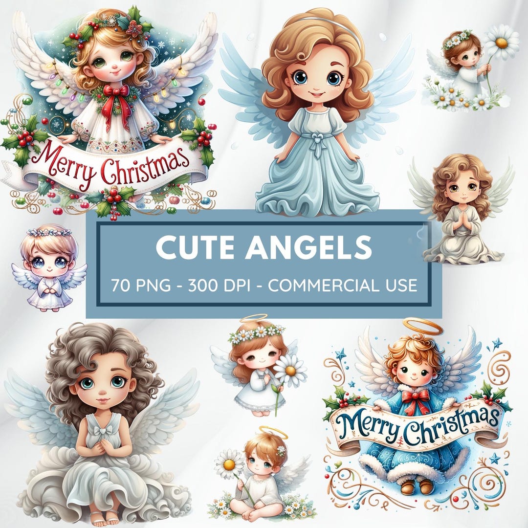 Cute Baby Angel Clipart Bundle, Commercial Use Minimalist Angels Printable Baby With Wings ...