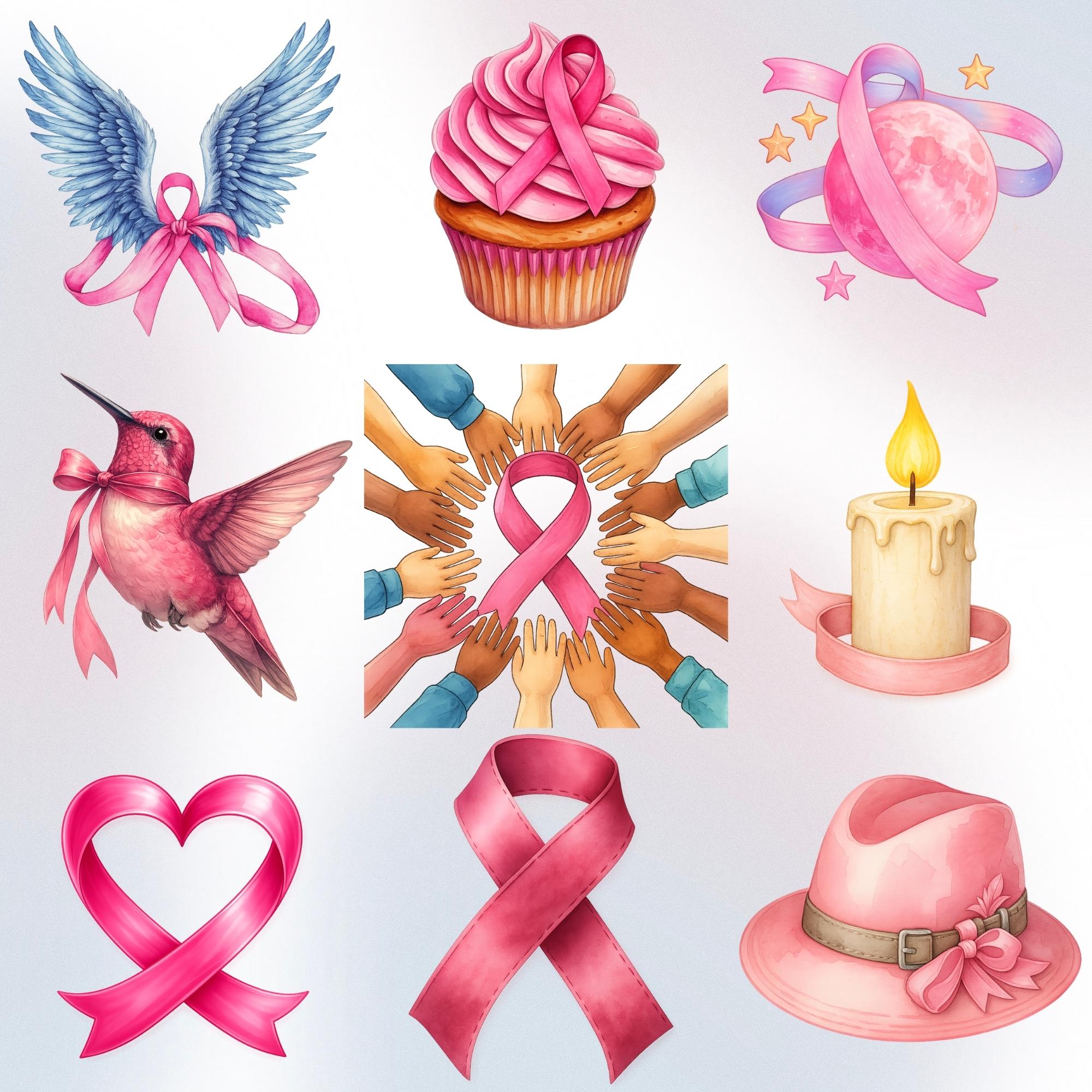 Breast Cancer Awareness Clipart Bundle PNG, Pink Ribbon Illustrations ...