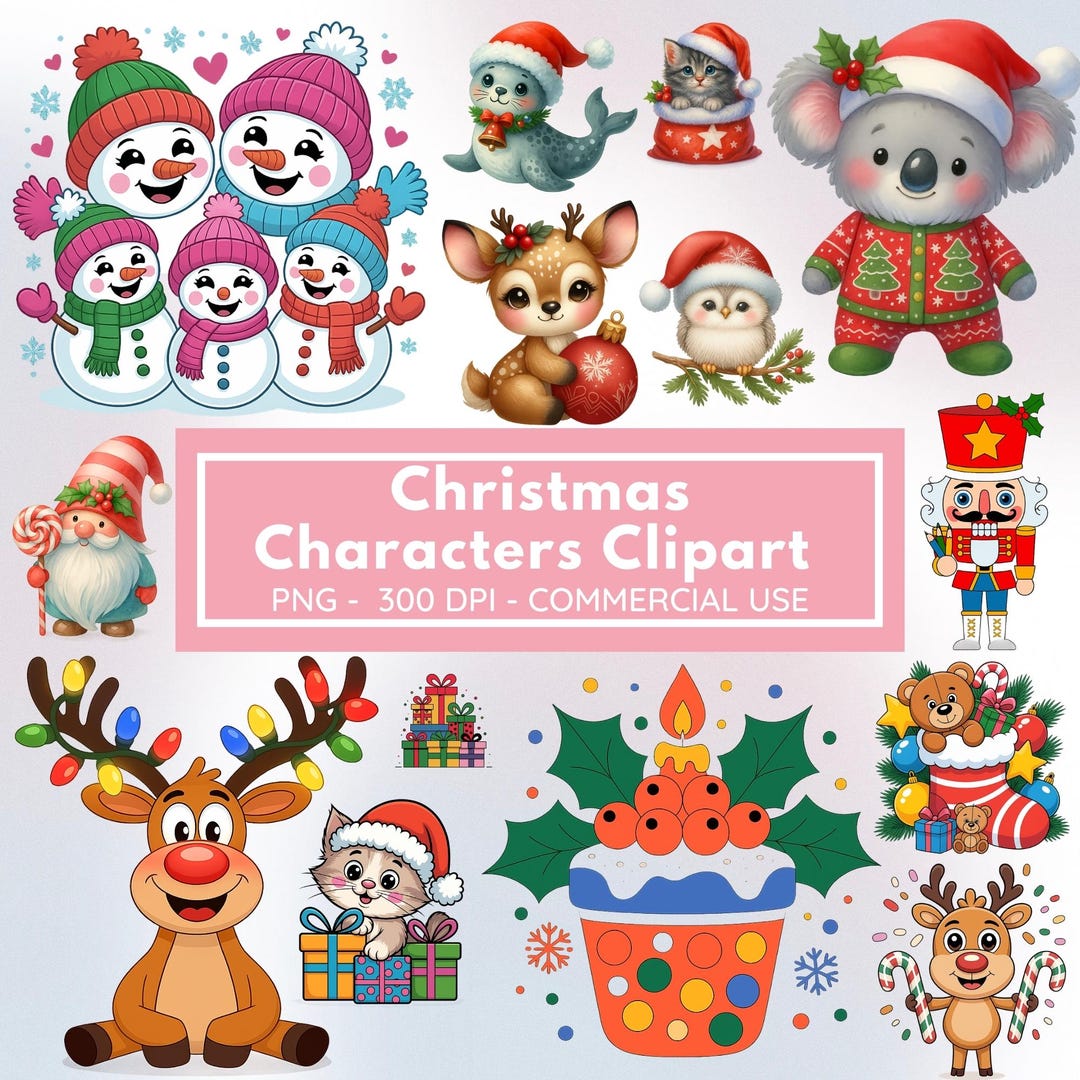 Christmas Characters Clipart Bundle, Cute Winter Animals & Snowmen PNG ...