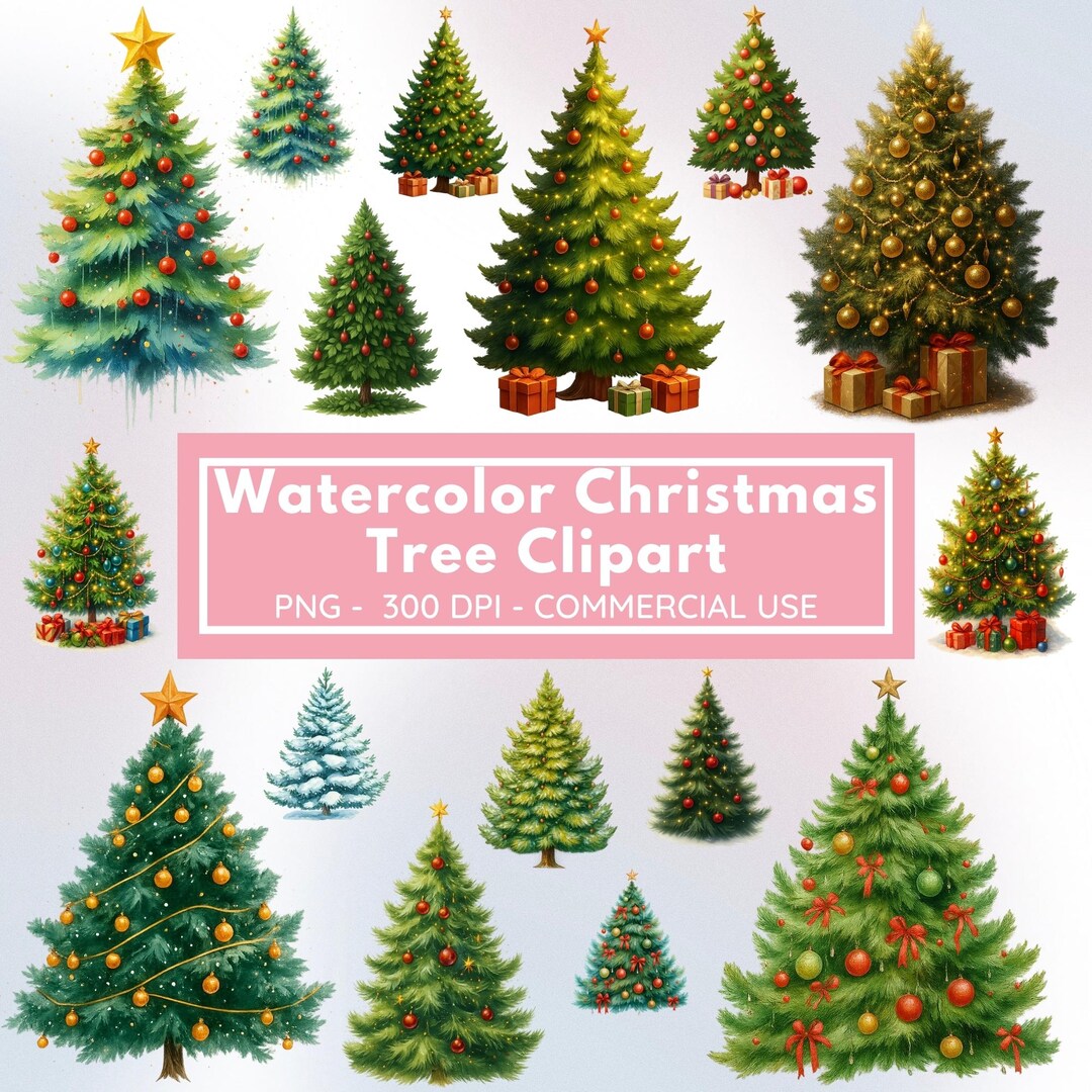 Watercolor Christmas Tree Clipart Bundle | 30+ PNG Xmas Tree ...