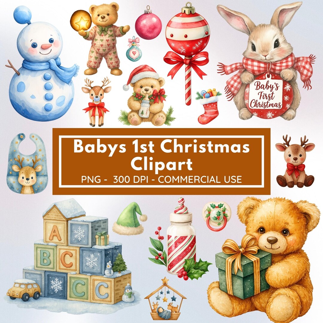 Baby’s First Christmas Clipart, Cute Watercolor Xmas PNG, 300 DPI ...
