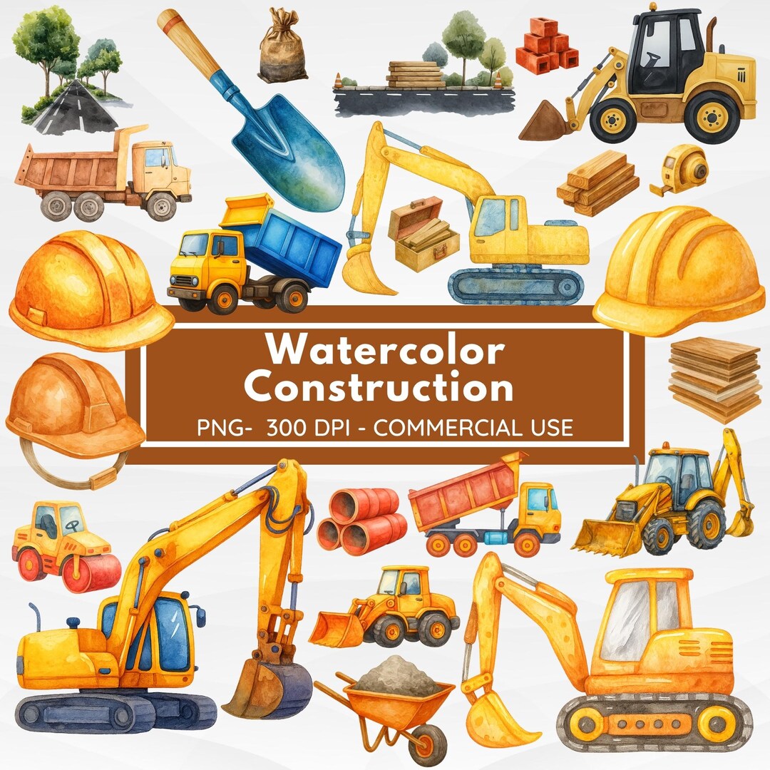 Watercolor Construction Clipart Bundle, Construction Vehicles Clipart ...