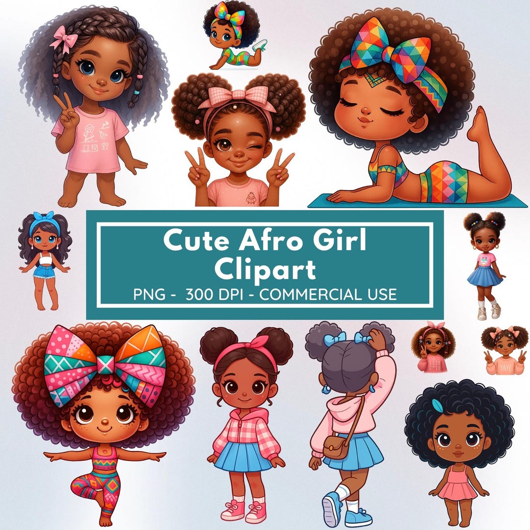 Cute Afro Girl Clipart Bundle, Black Girl PNG, African American Kids ...