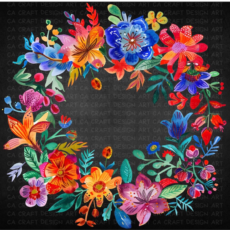 Mexican Flowers Fiesta Party Clipart Bundle, Watercolor Vibrant Floral ...