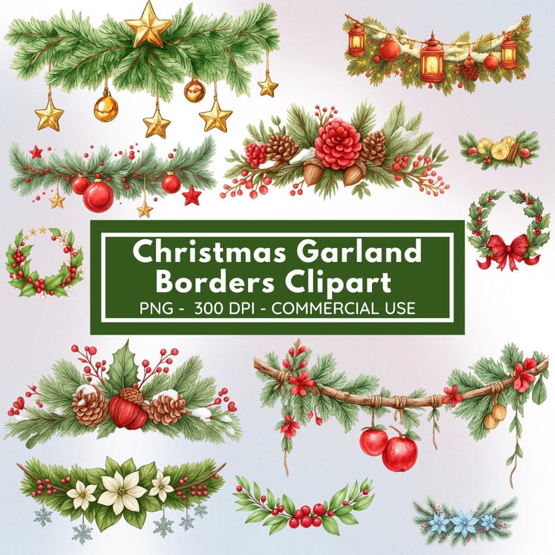 Christmas Garland Border Clipart Bundle | Watercolor Xmas Pine Garland ...