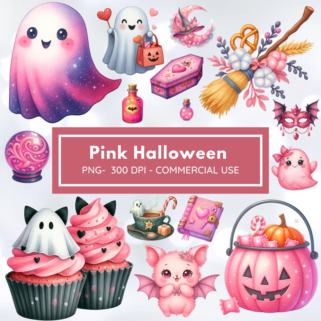 Pink Halloween PNG Clipart Bundle – Cute Pastel Halloween Ghosts ...