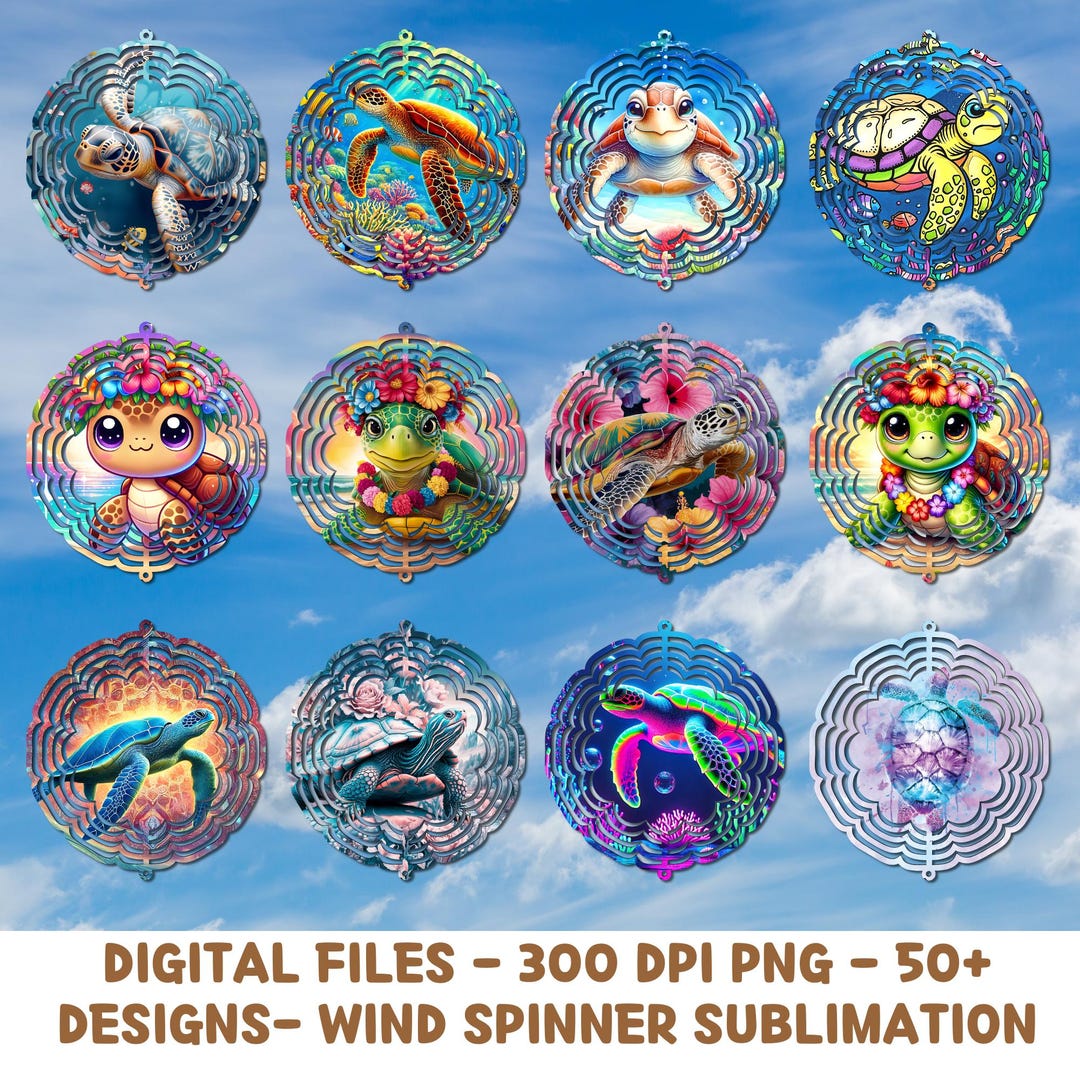 Turtle Wind Spinner Sublimation Design Bundle, Vibrant Ornament Pattern ...