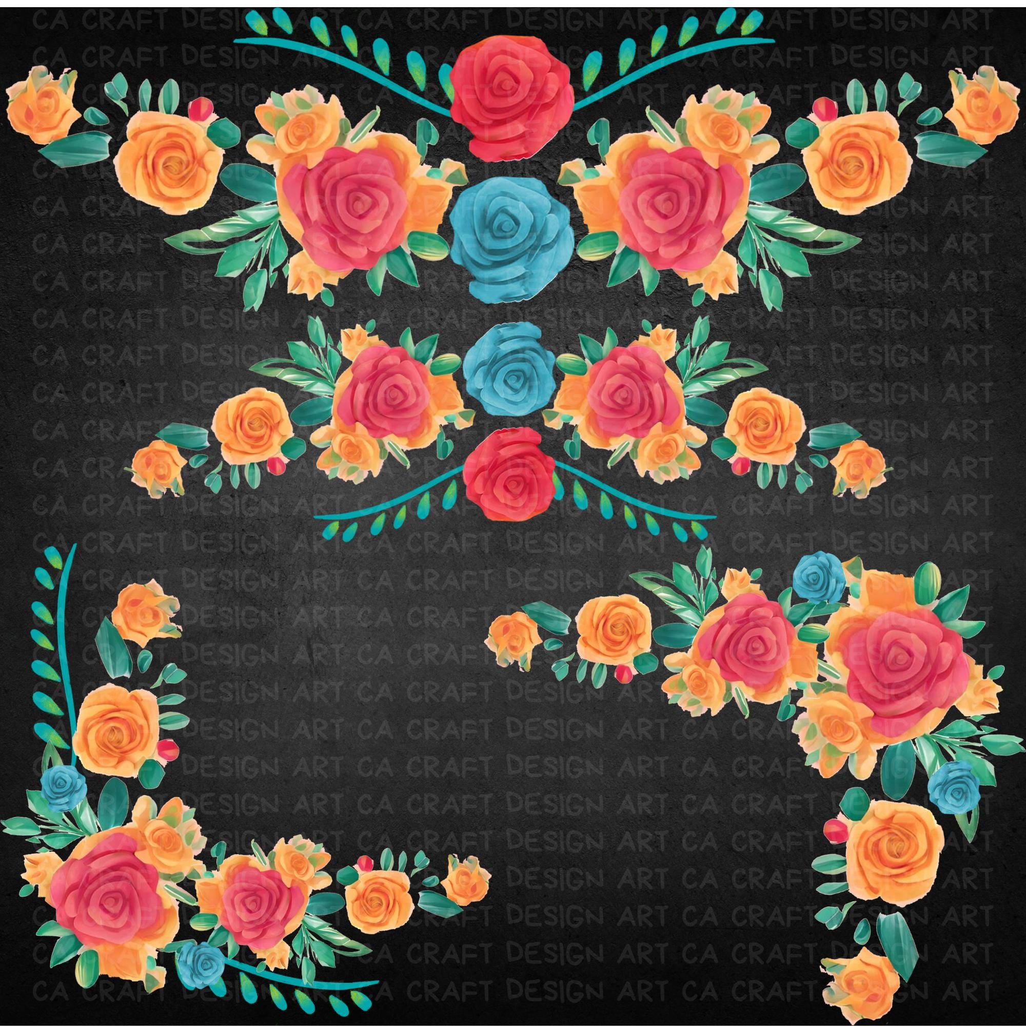 Mexican Flowers Fiesta Party Clipart Bundle, Watercolor Vibrant Floral ...