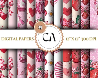 Coquette Strawberry Heart Seamless Pattern, Valentine Digital Paper ...