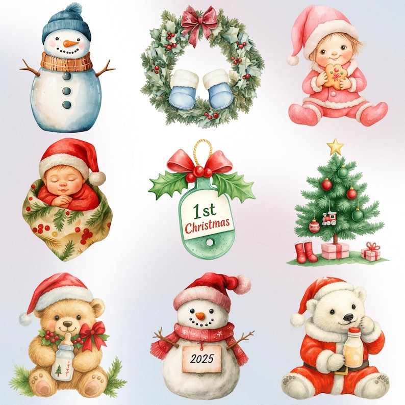 Baby’s First Christmas Clipart, Cute Watercolor Xmas PNG, 300 DPI ...