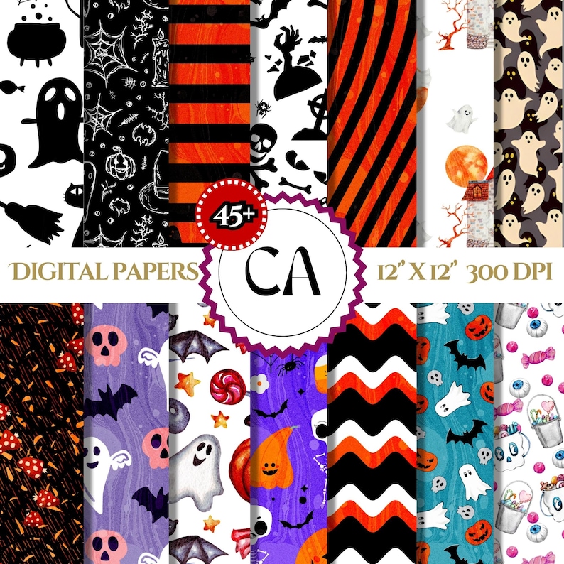 Cute Halloween Themed Digital Papers, Classic Halloween Scrapbook Paper ...