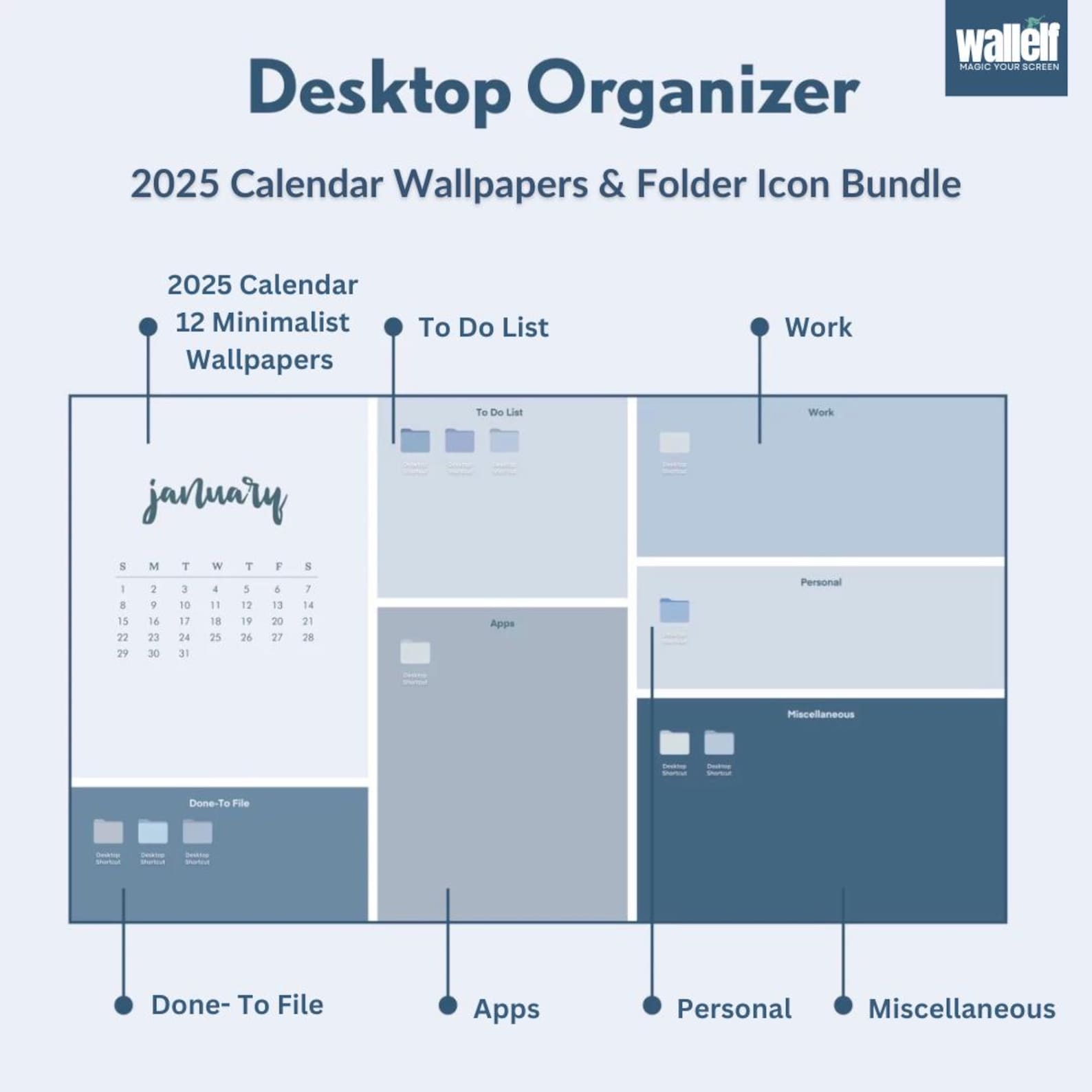 Blue & Neutral Desktop Organizer Wallpaper Bundle | 2025 Calendar ...