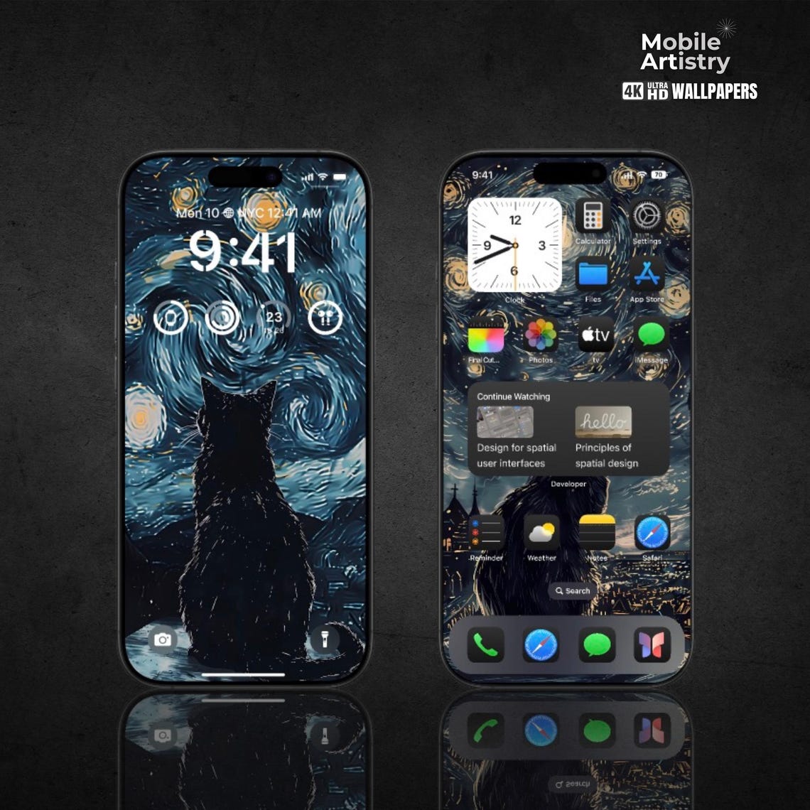 Vincent Van Gogh Inspired Cat Night Sky 4K Phone Wallpaper Set | Starry ...