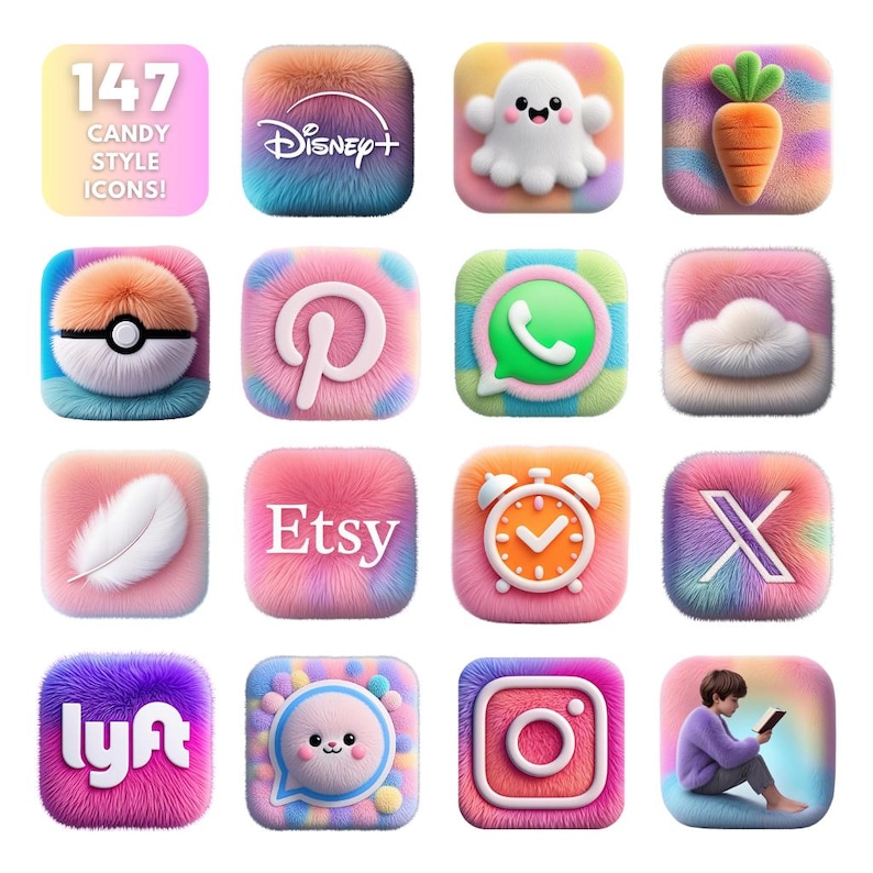 147 Candy Pastel Fuzzy App Icons | Cute Ios Icon Pack | Aesthetic App ...