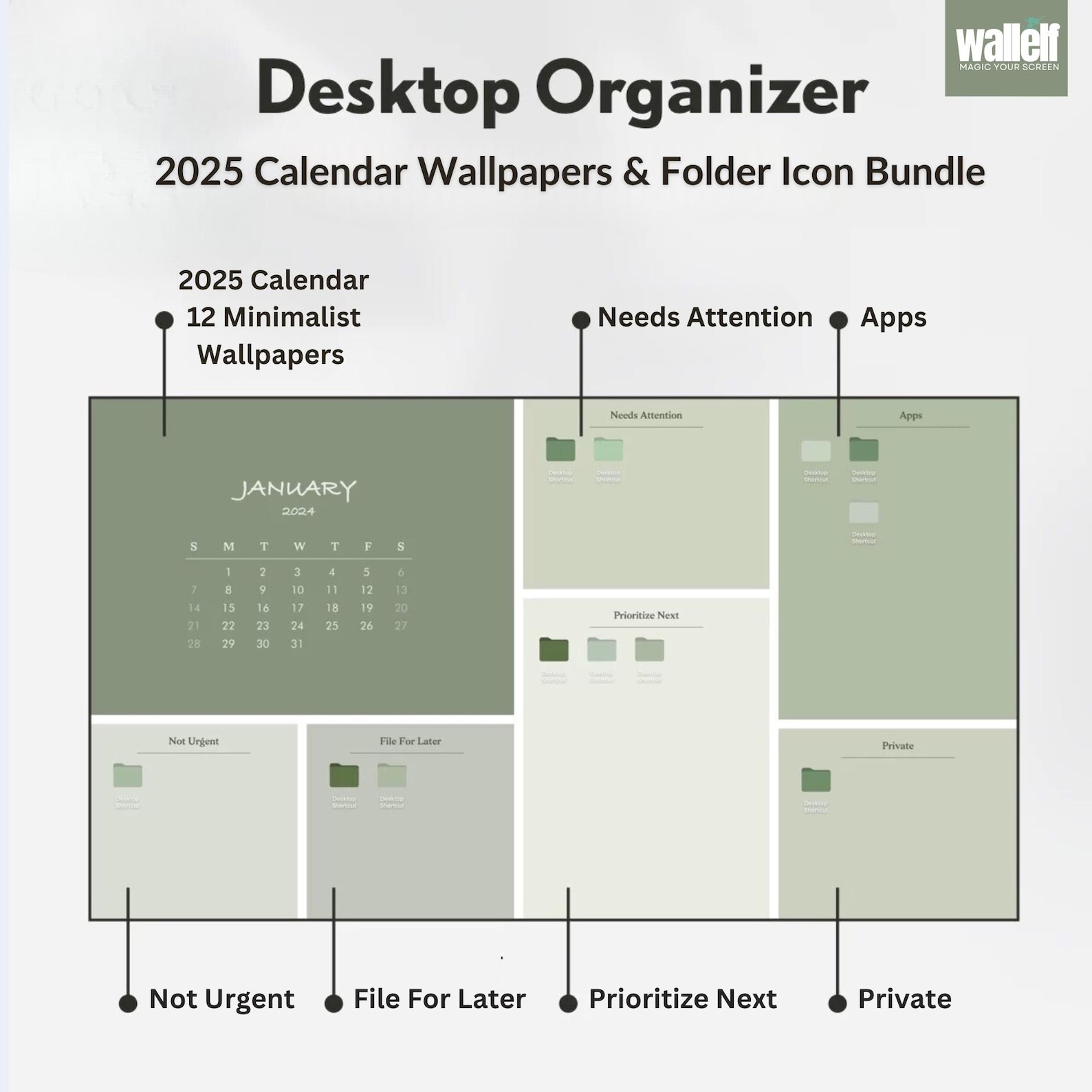 Green Desktop Organizer Wallpaper | 2025 Calendar & Folder Icon Set ...