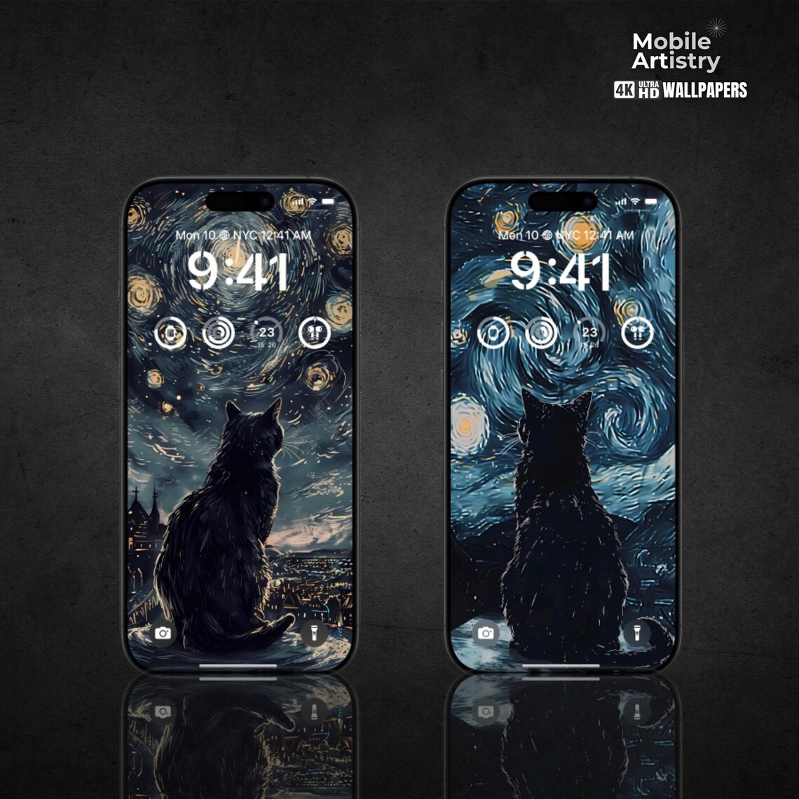Vincent Van Gogh Inspired Cat Night Sky 4K Phone Wallpaper Set | Starry ...