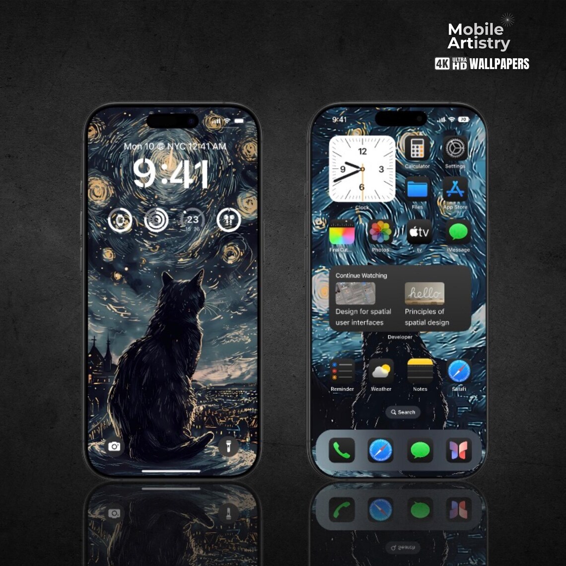 Vincent Van Gogh Inspired Cat Night Sky 4K Phone Wallpaper Set | Starry ...