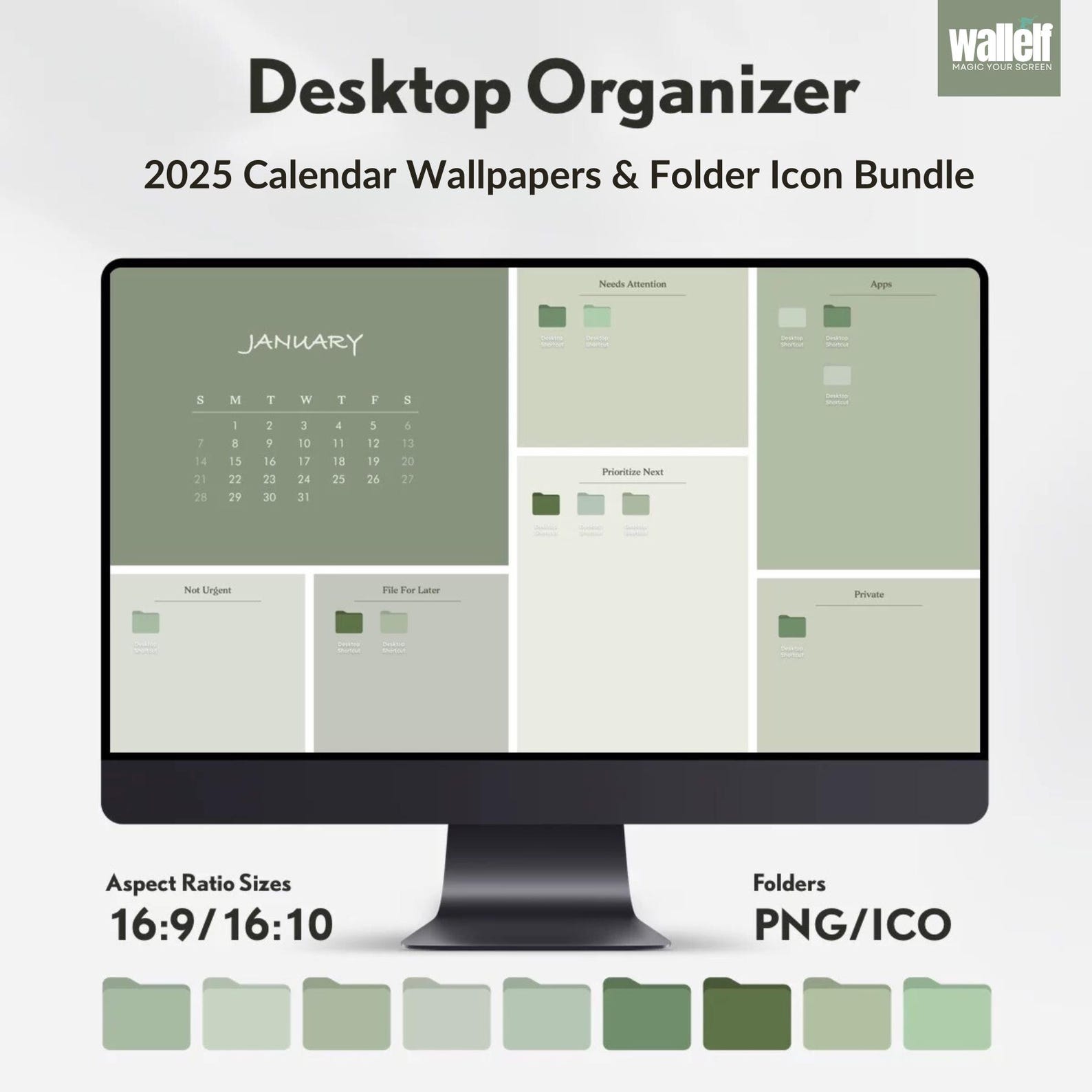 Green Desktop Organizer Wallpaper | 2025 Calendar & Folder Icon Set ...