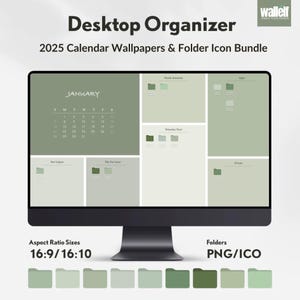Green Desktop Organizer Wallpaper | 2025 Calendar & Folder Icon Set ...