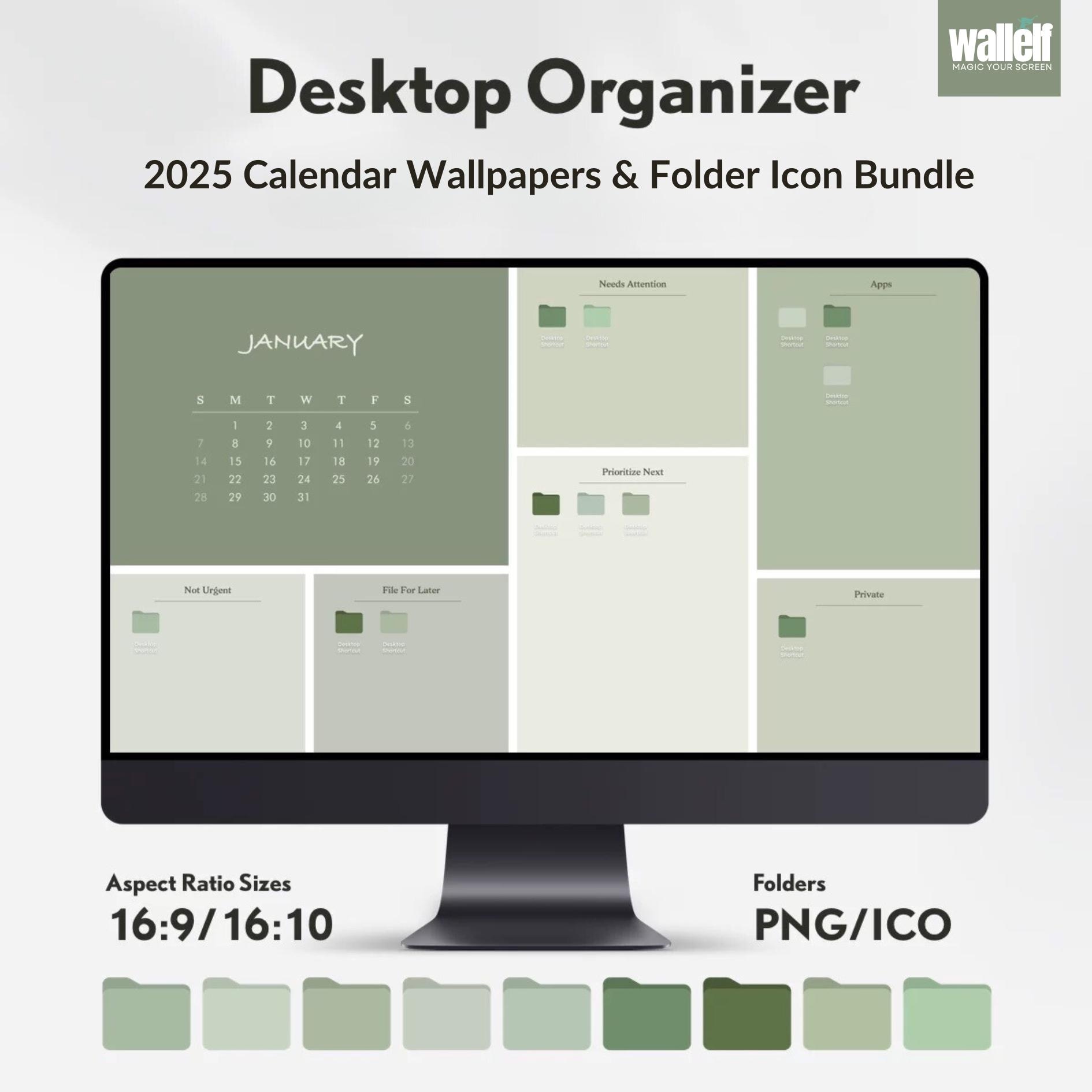 Green Desktop Organizer Wallpaper | 2025 Calendar & Folder Icon Set ...