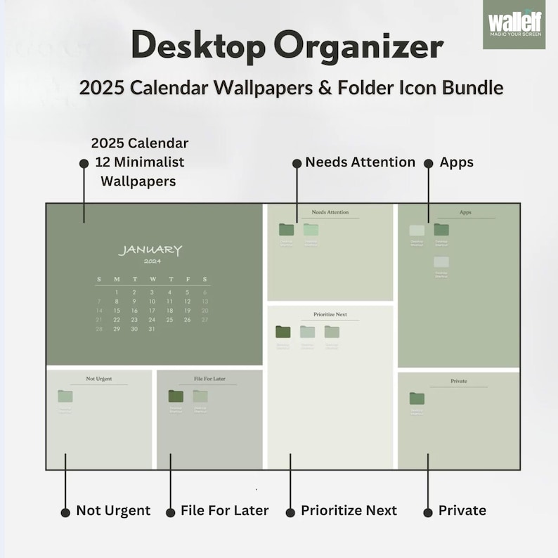 Green Desktop Organizer Wallpaper | 2025 Calendar & Folder Icon Set ...