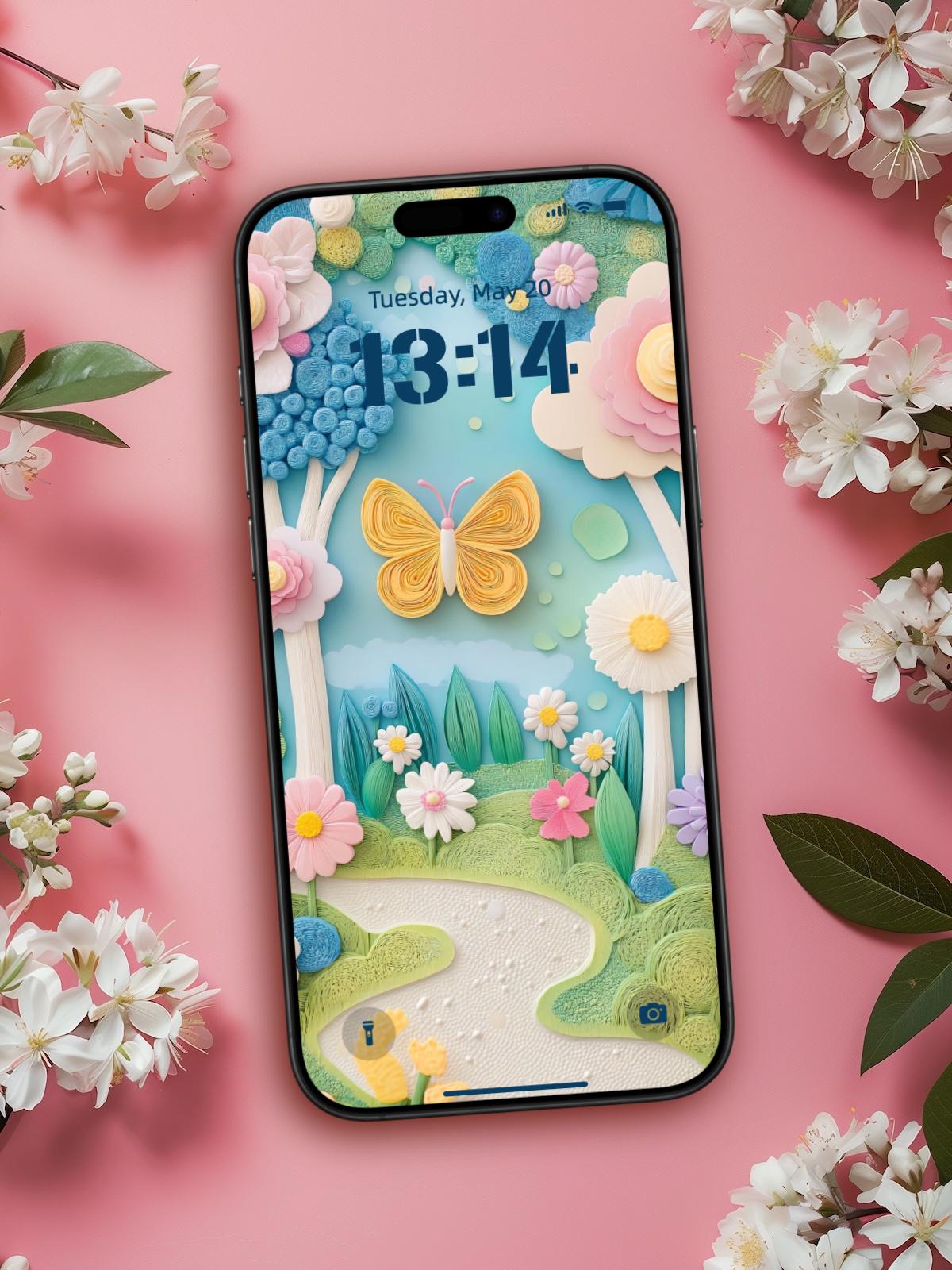 Whimsical Spring iPhone Wallpaper | 3D Paper Art Butterfly Scene ...