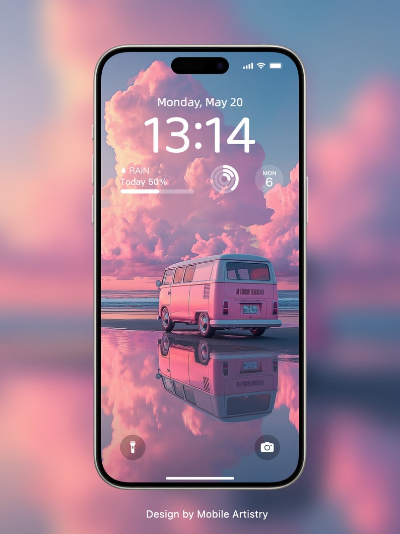 Retro Van Sunset Mobile Wallpaper | Pink & Blue Clouds (HD Digital ...