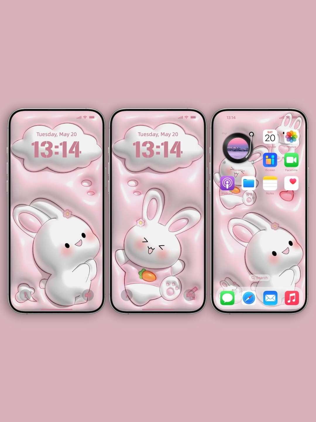 Cute Bunny iPhone Wallpaper | Kawaii 3D Bunny Theme | Soft Pink ...