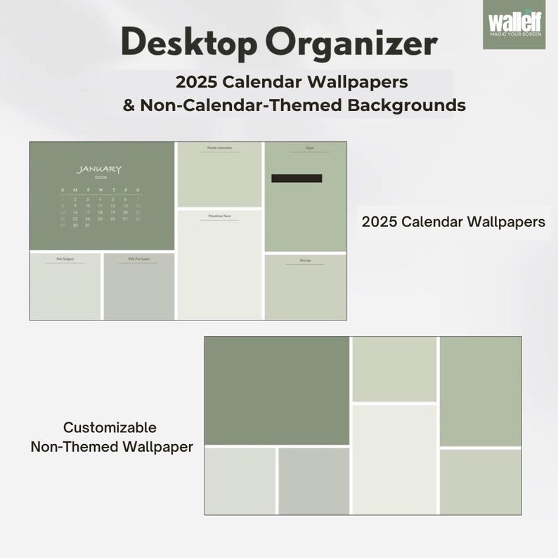 Green Desktop Organizer Wallpaper | 2025 Calendar & Folder Icon Set ...