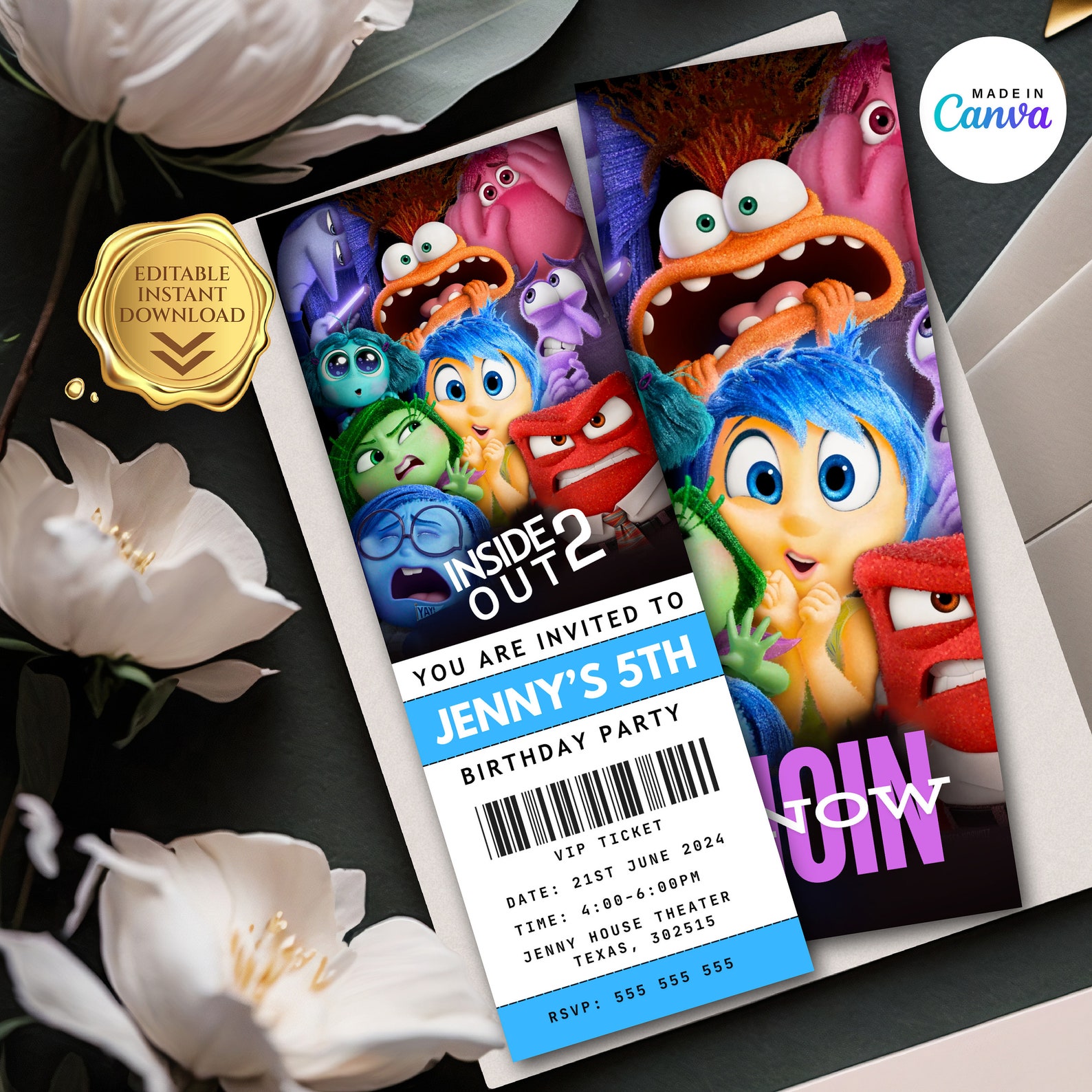 Inside Out 2 Birthday Invitation Inside Out Movie Ticket Invite Inside ...