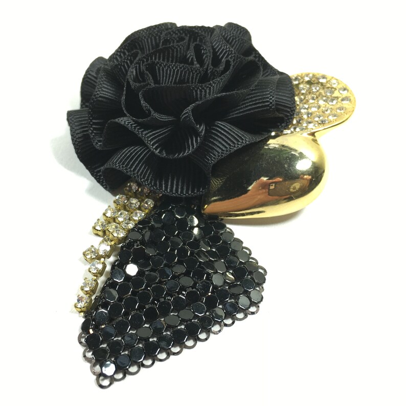 Vintage Collage Brooch Fabric Black Flower Rhinestone Mesh Upcycled Pin ...