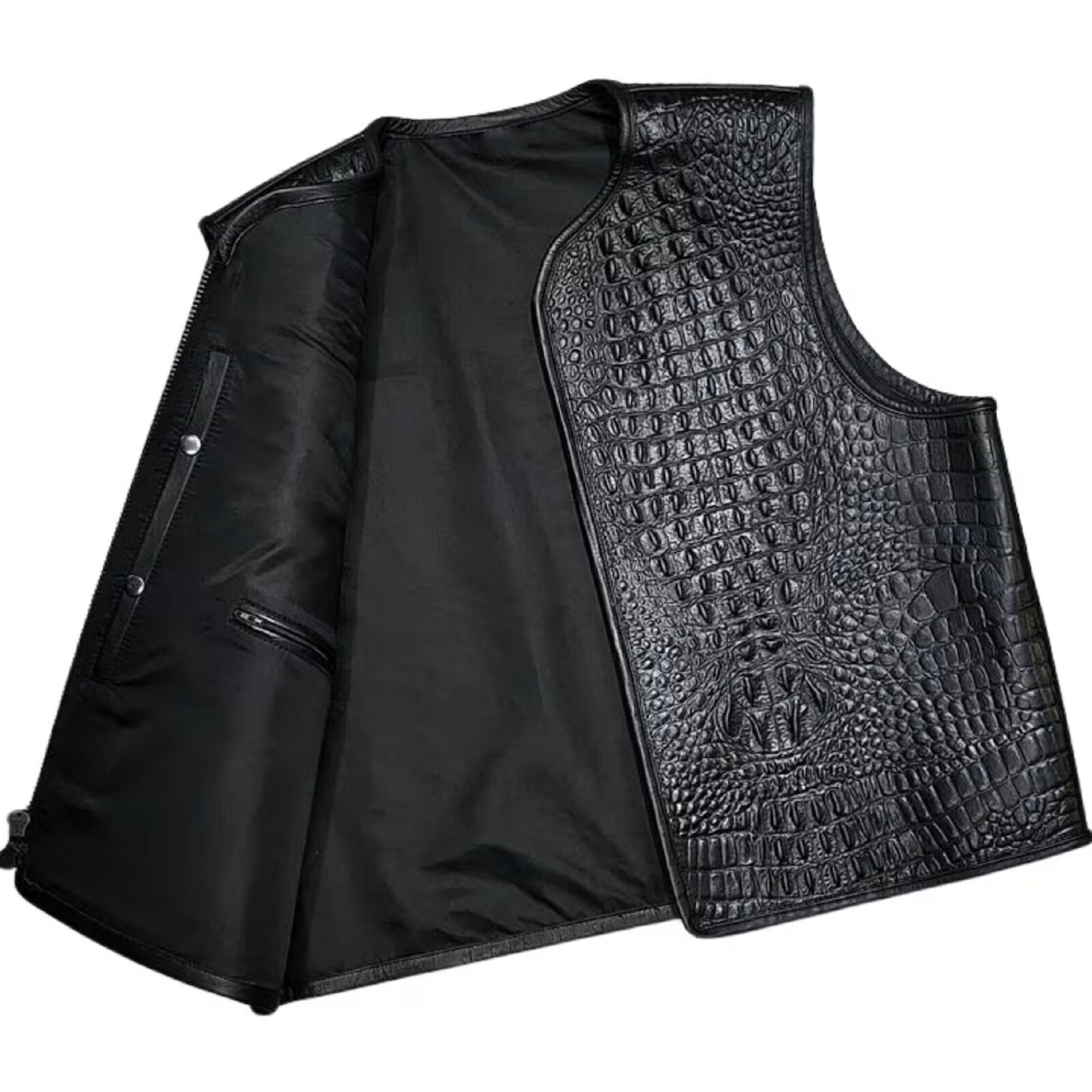 New Men's Black Crocodile Leather Vest, Biker Vest, Custom Motorcycle Vest, Real Leather ...