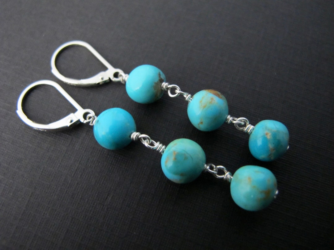 Turquoise Dangle Earrings, Sterling Silver Blue Gemstone Earrings - Etsy