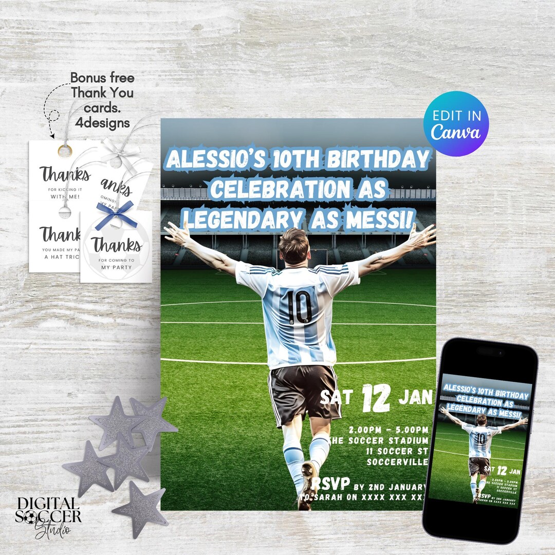Messi Birthday Editable Invitation, Edit in Canva, Soccer Birthday ...