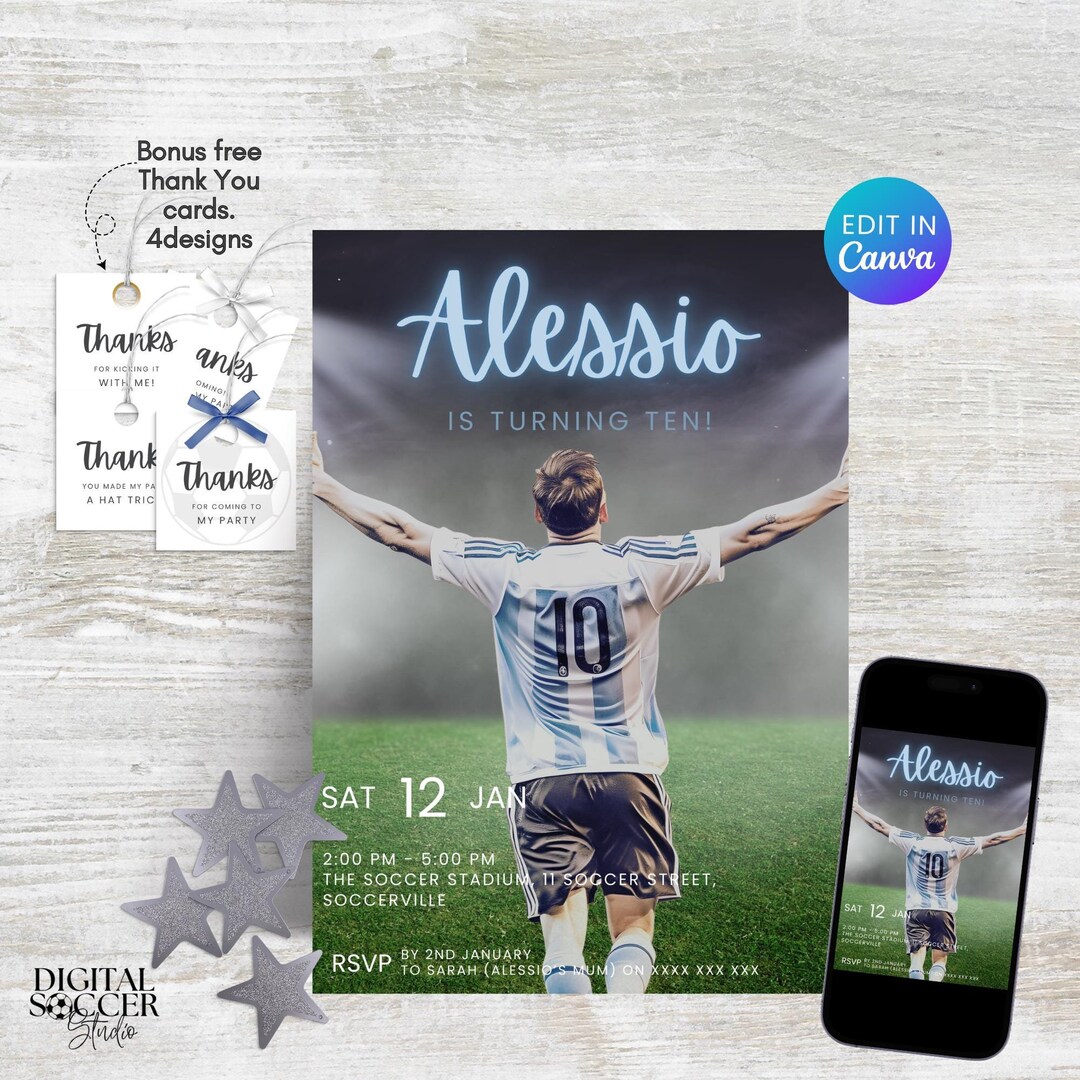 Messi Birthday Editable Invitation, Soccer Birthday Invite, Soccer ...