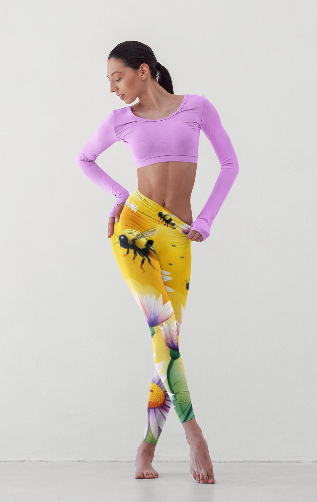 Buzzing Blooms: Bumblebee and Daisy Yoga Leggings for Nature Lovers ...