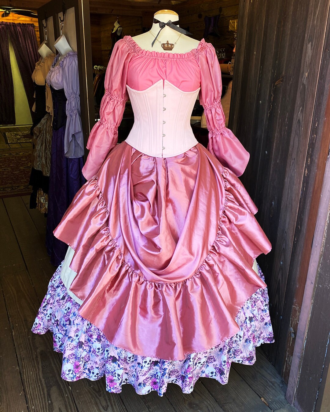 Rose Pink Bubble Sleeve Chemise in Satin and Cotton, Renaissance Shift ...