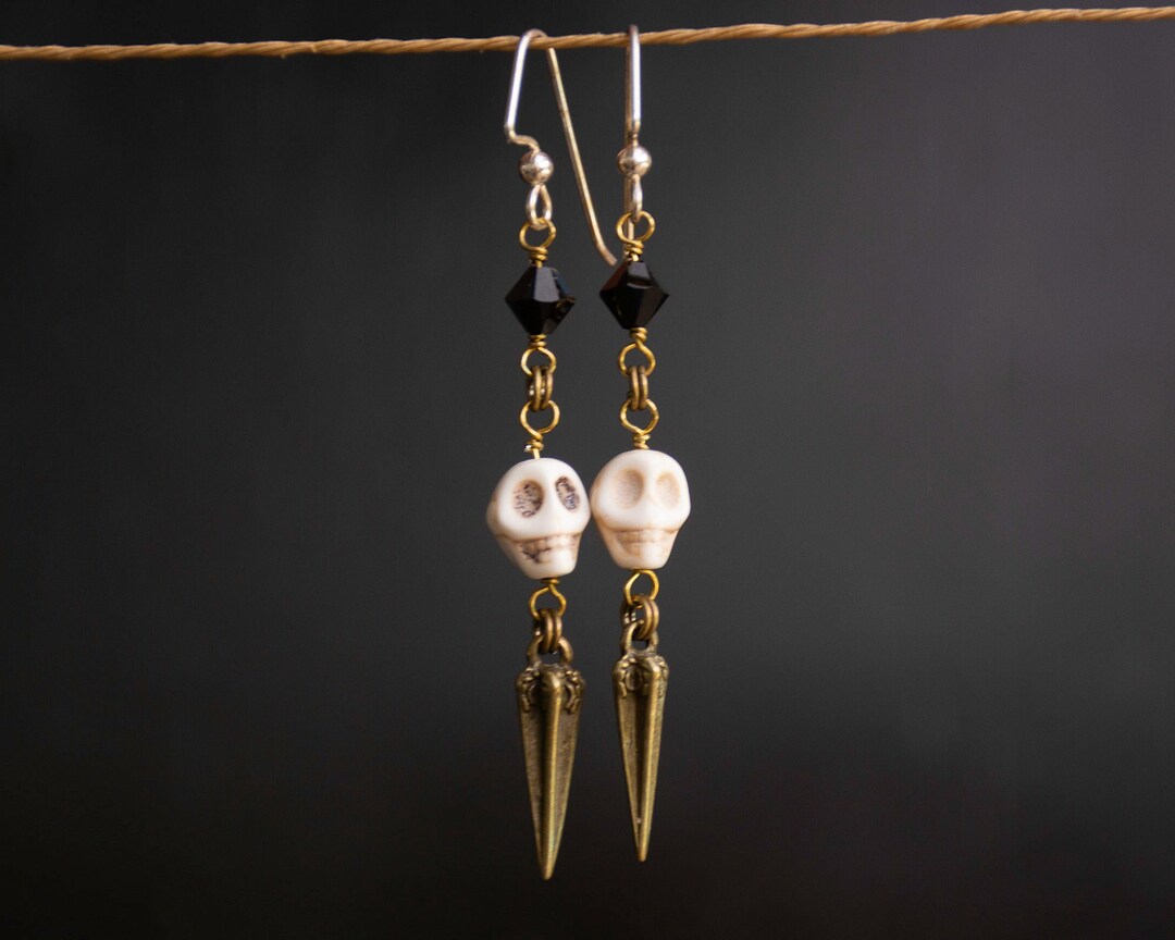 Pirate Skull Earrings in Ivory and Bronze With Jet Black Crystals ...