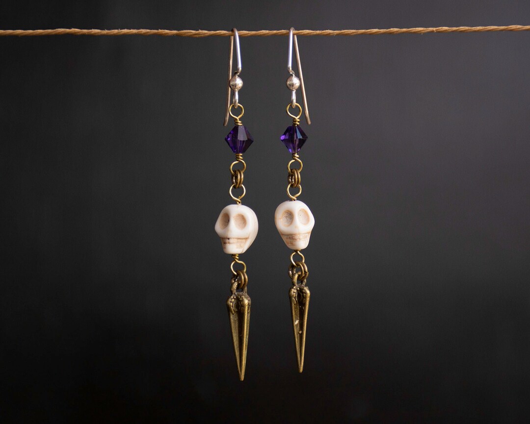 Pirate Skull Earrings in Ivory and Bronze With Purple Velvet Crystals ...