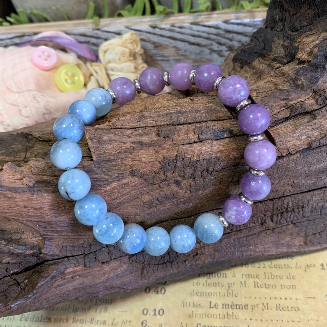 Cute Lepidolite and Blue Devil Aquamarine Beaded Stretch Gemstone ...