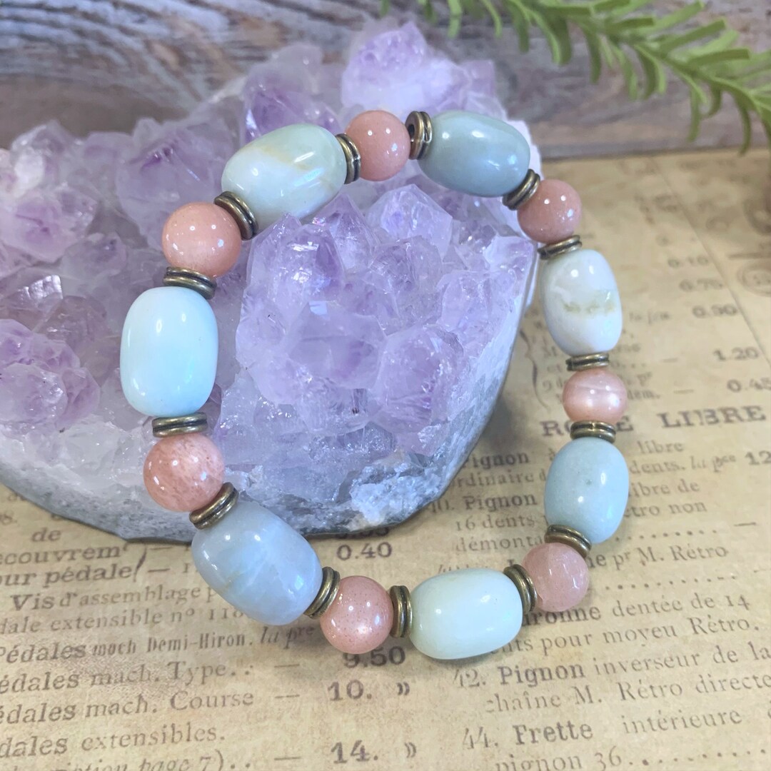 Amazonite and Sunstone Beaded Stretch Gemstone Bracelet 7 Blue Peach ...