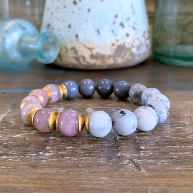 Blue-gray Opal and Madagascar Rose Quartz With Brass Bead Caps Beaded ...