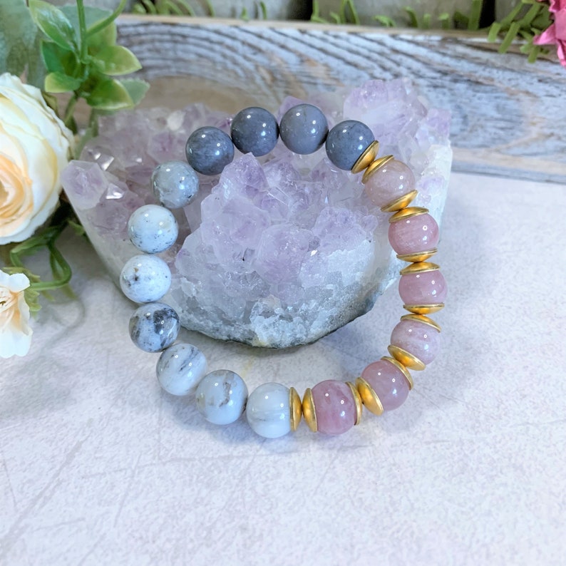 Blue-gray Opal and Madagascar Rose Quartz With Brass Bead Caps Beaded ...